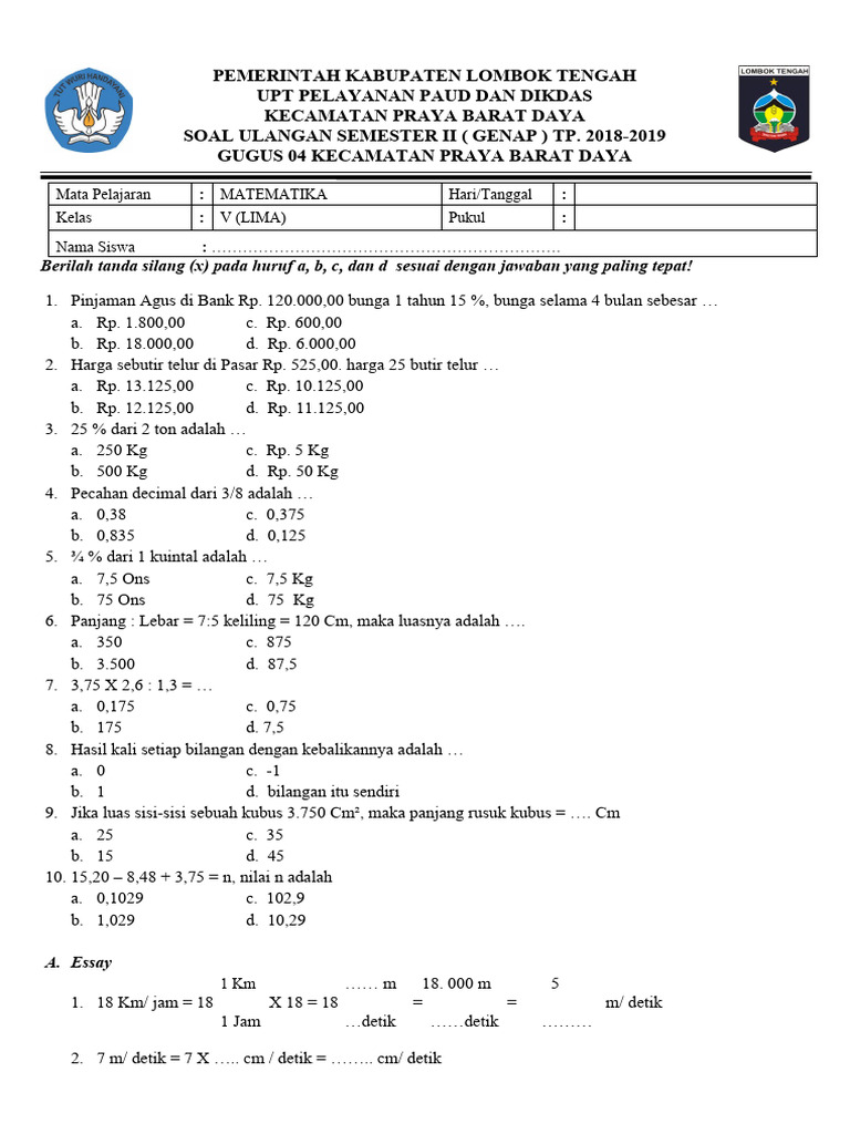 Soal MTK KLS 5 | PDF