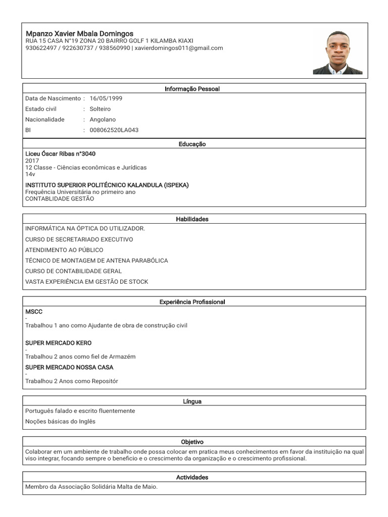 Currículo de Mpanzo Xavier Mbala | PDF