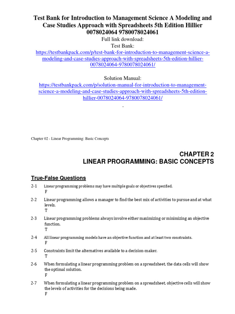 Test Bank For Introduction To Management Science A Modeling and Case ...