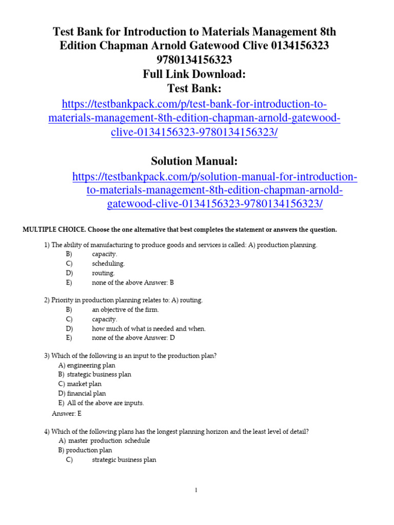 Test Bank For Introduction To Materials Management 8th Edition Chapman ...