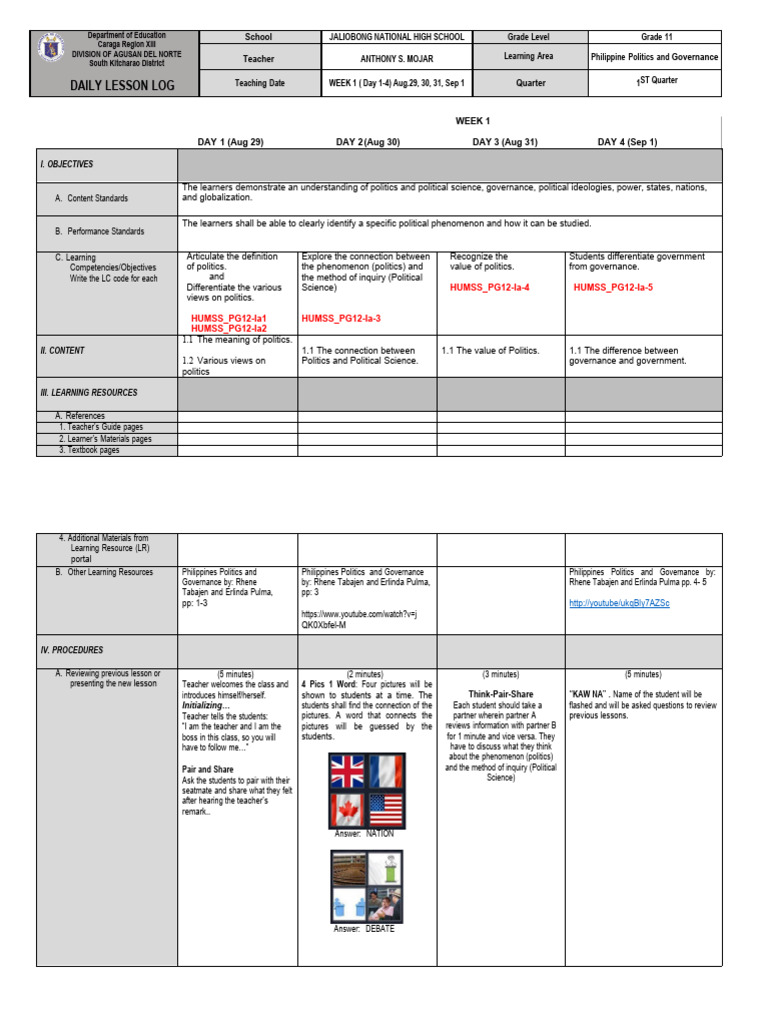 PPG - DLP - w1 PHIL. POLITICS AND GOVERNANCE DLP Week 1 | PDF