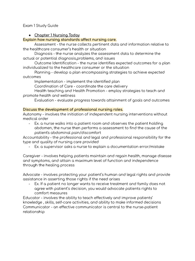 Nursing 101 Exam 1 Study Guide | PDF