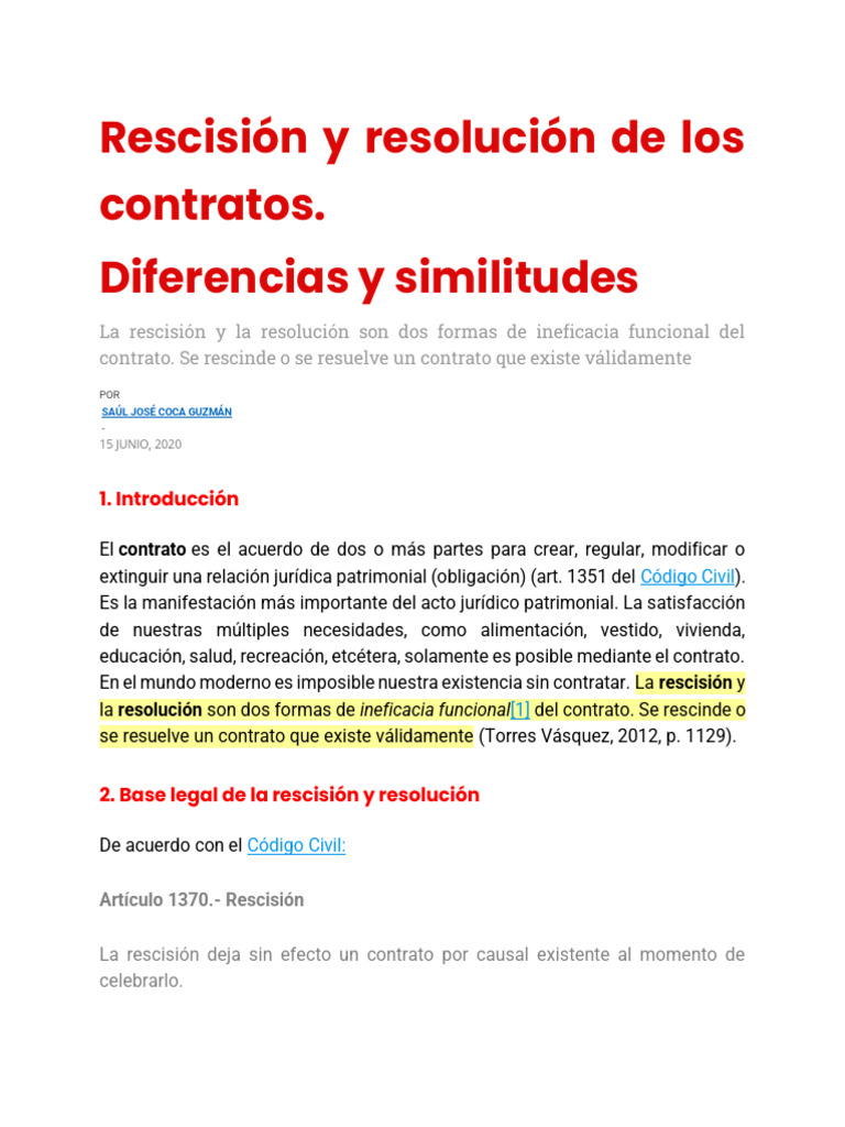 Rescisión y Resolución de Los Contratos | PDF | Derecho | Finanzas y dinero