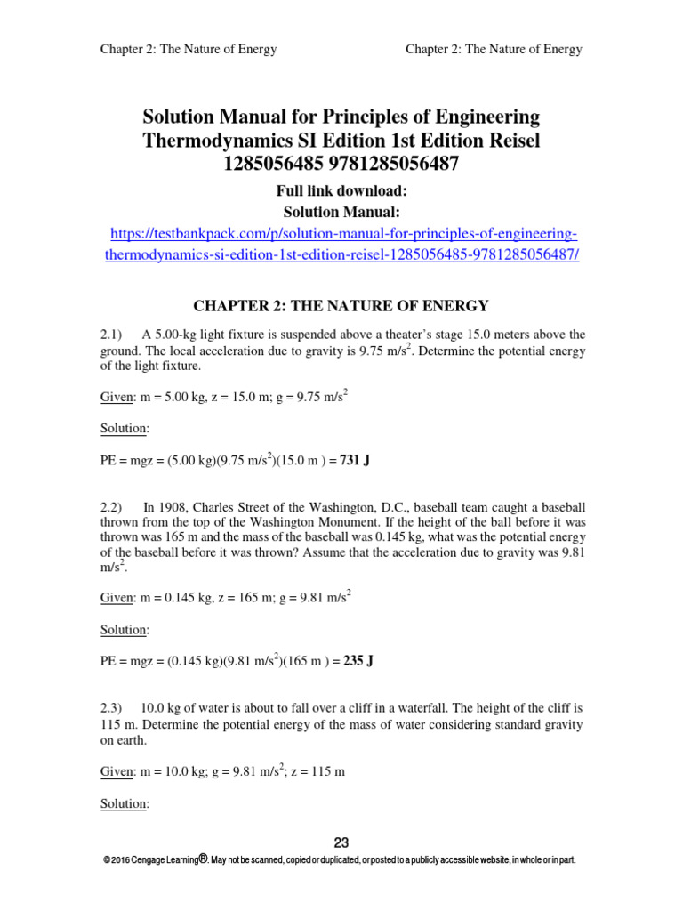 Solution Manual For Principles of Engineering Thermodynamics SI Edition 1st Edition Reisel ...