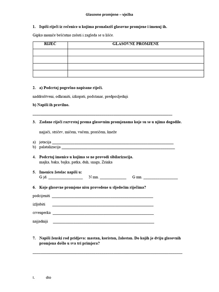 Glasovne Promjene I. Vježba | PDF