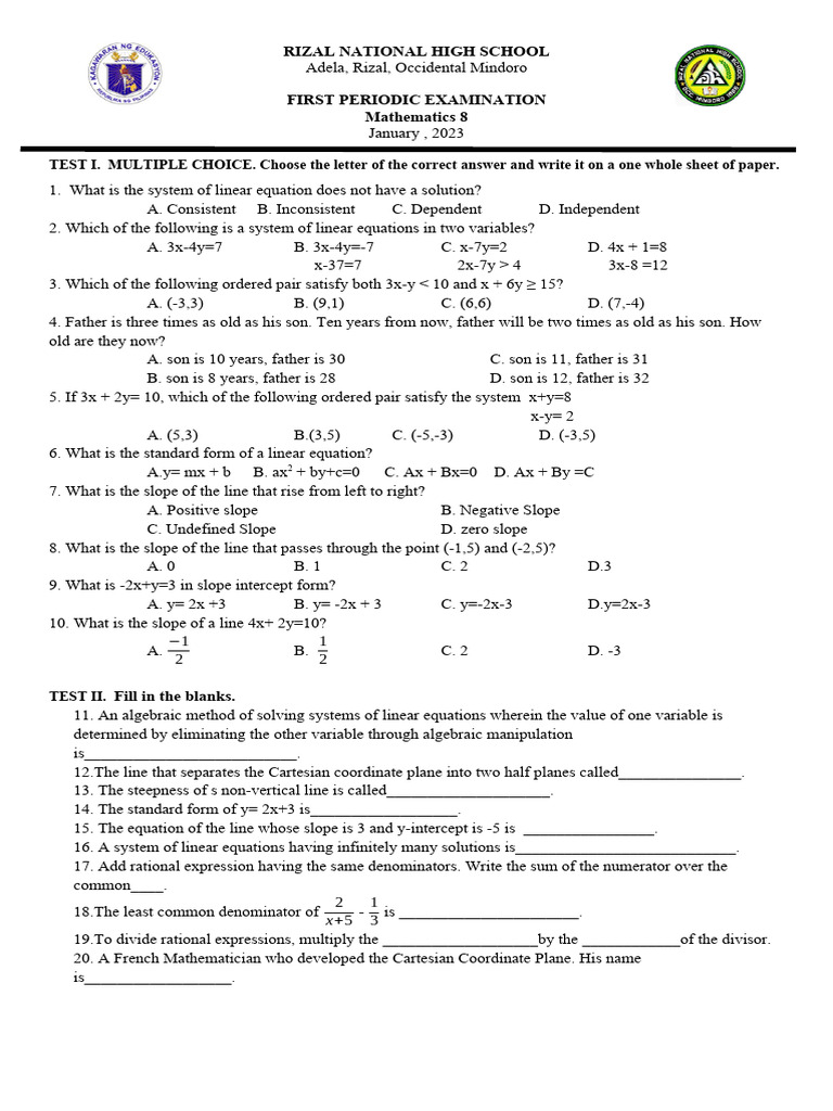 Math 8 First Periodic Exam Guide | PDF | Teaching Methods & Materials