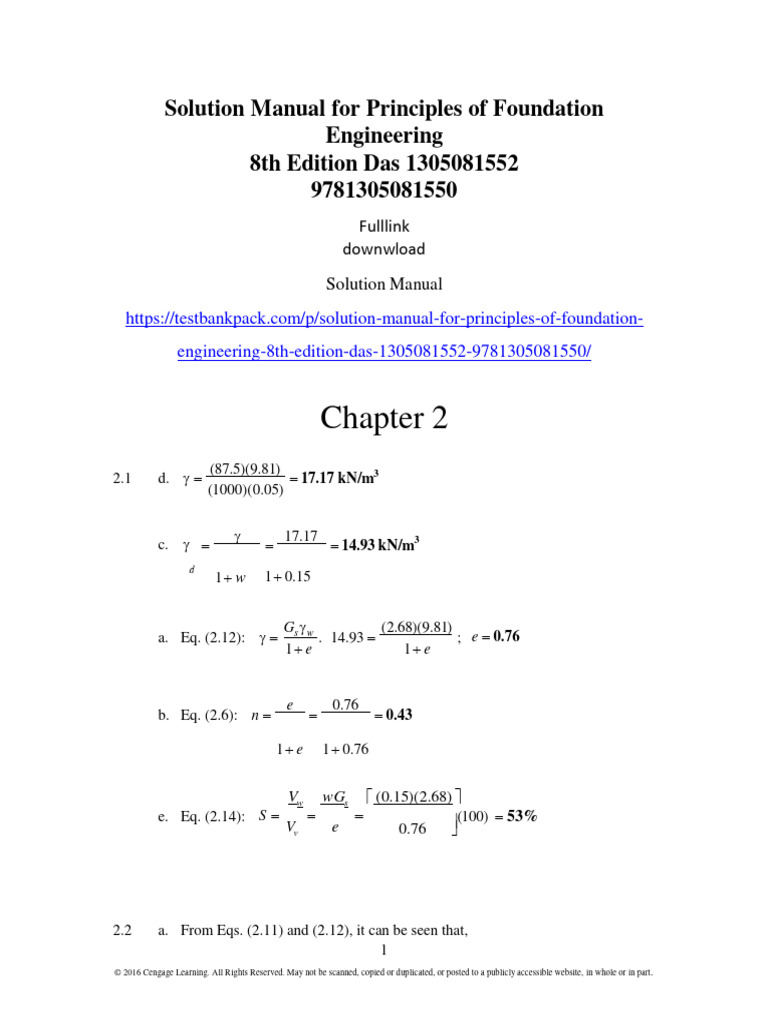 Solution Manual For Principles of Foundation Engineering 8th Edition Das 1305081552 ...