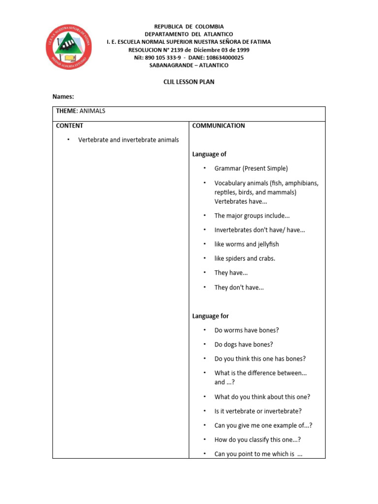 CLIL Lesson Plan: Animals and Classification | PDF | Invertebrate ...