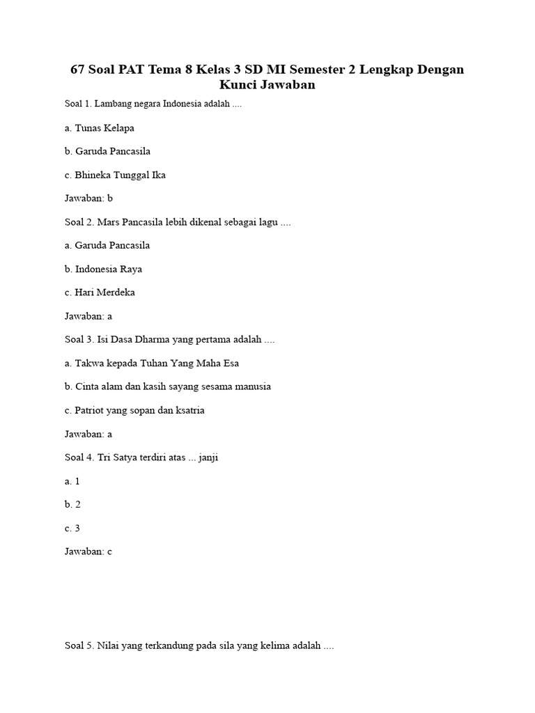 67 Soal PAT Tema 8 Kelas 3 SD MI Semester 2 Lengkap Dengan Kunci Jawaban | PDF | Seni & Disiplin ...