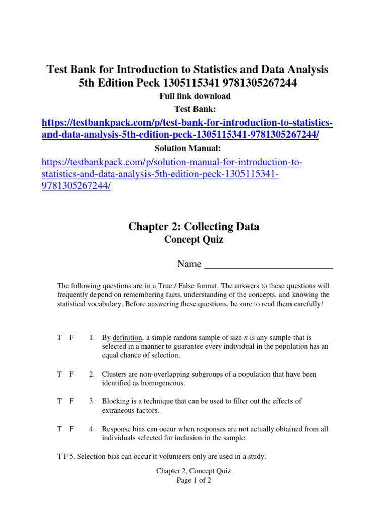 Test Bank For Introduction To Statistics and Data Analysis 5th Edition ...
