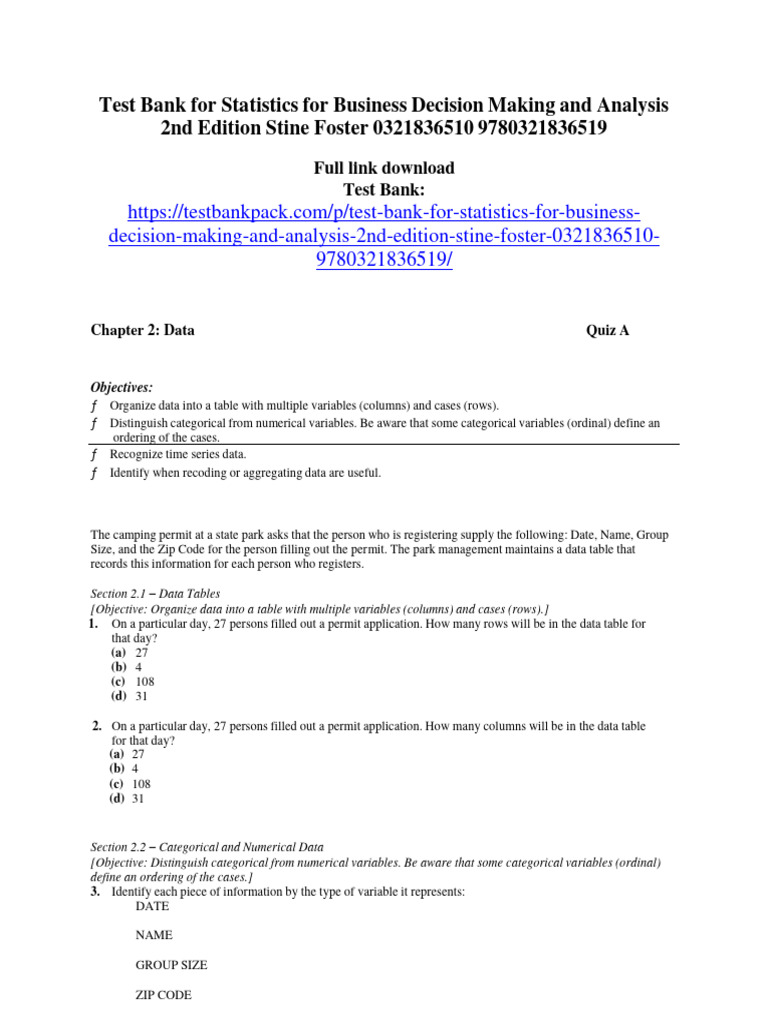 Test Bank For Statistics For Business Decision Making and Analysis 2nd ...