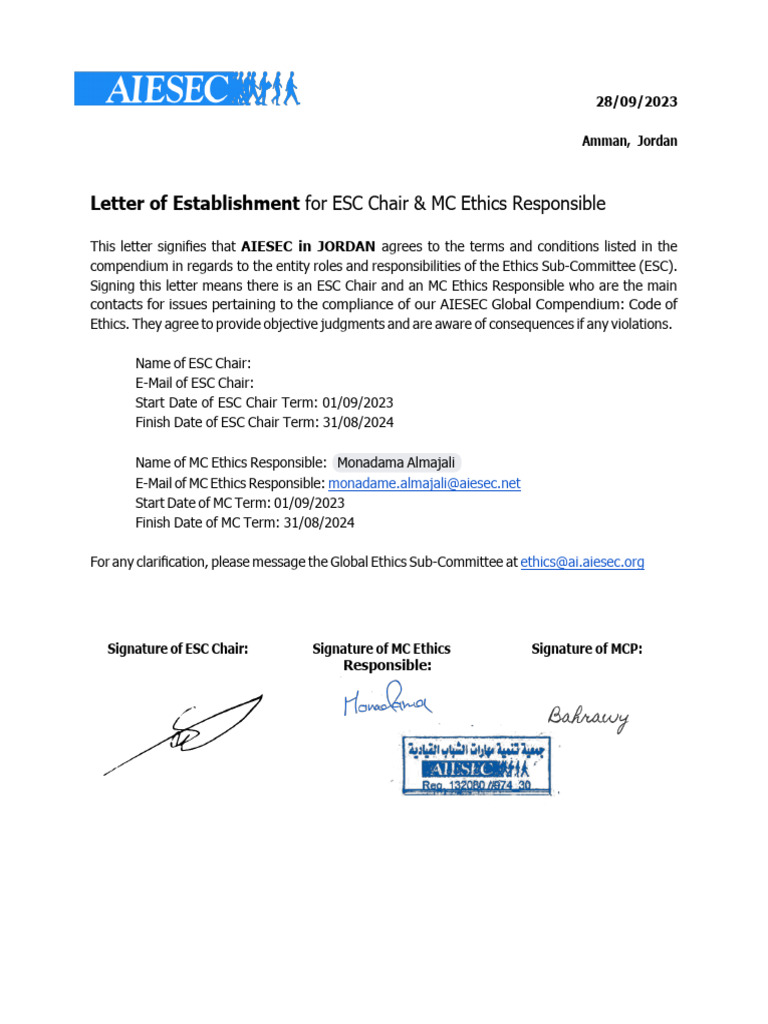 Letter of Establishment For ESC Chair & MC Ethics Responsible | PDF