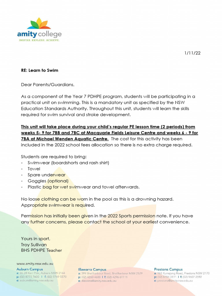 Learn To Swim Year 7 Permission Note 2022 | PDF