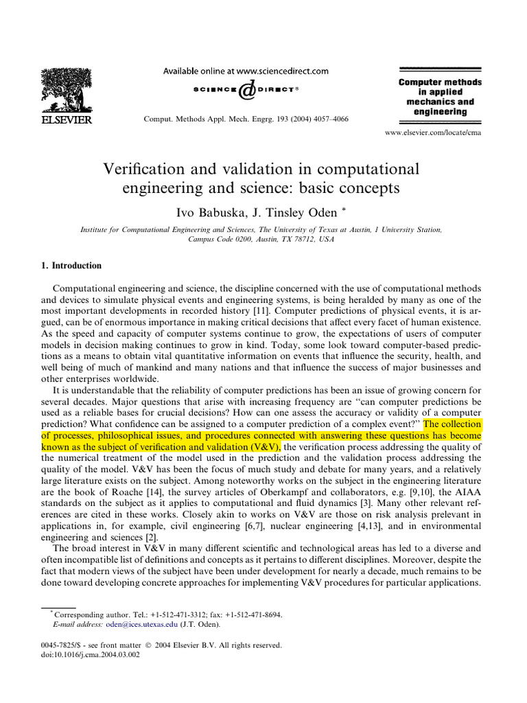 Verification and Validation in Computational Engineering and Science ... Verification and Validation in Computational Engineering and Science ...
