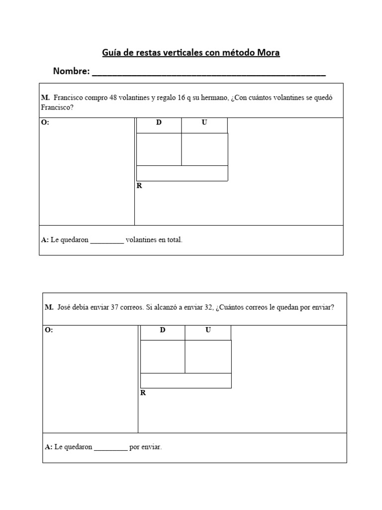Guía de Restas Verticales Con Método Mora | PDF