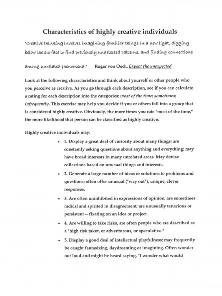 Characteristics of Highly Creative Individuals | PDF