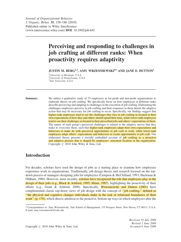 2010 - Berg - Perceiving and Responding To Challenges in Job Crafting ...