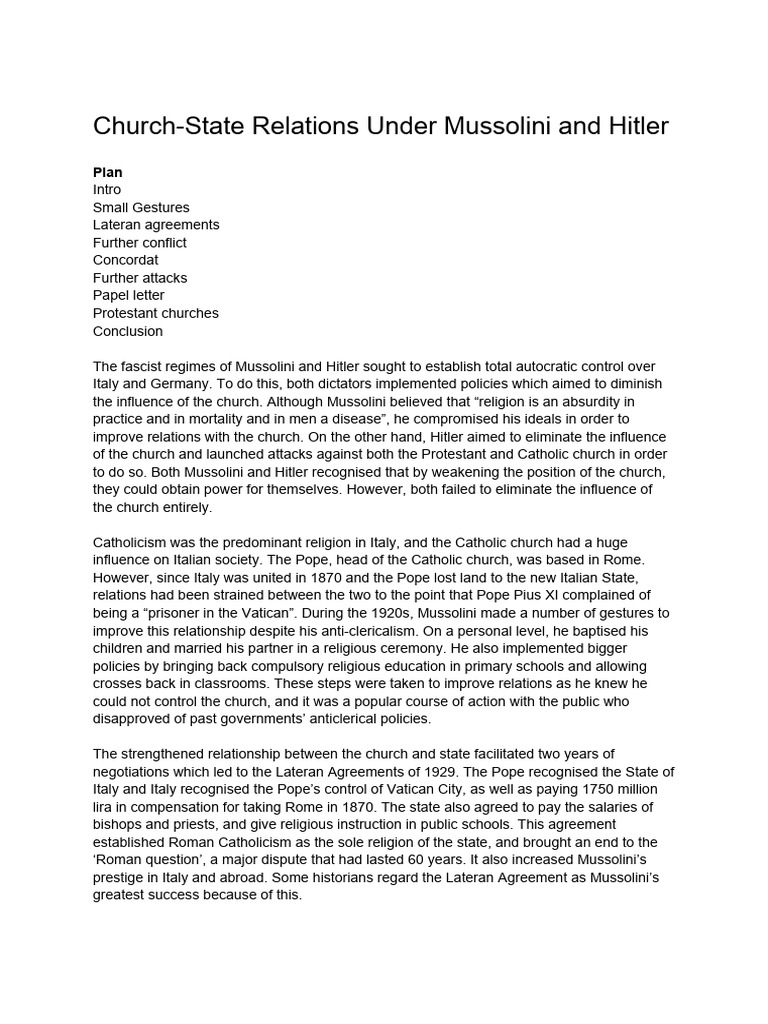 Church-State Relations Under Mussolini and Hitler - LC History Essay | PDF