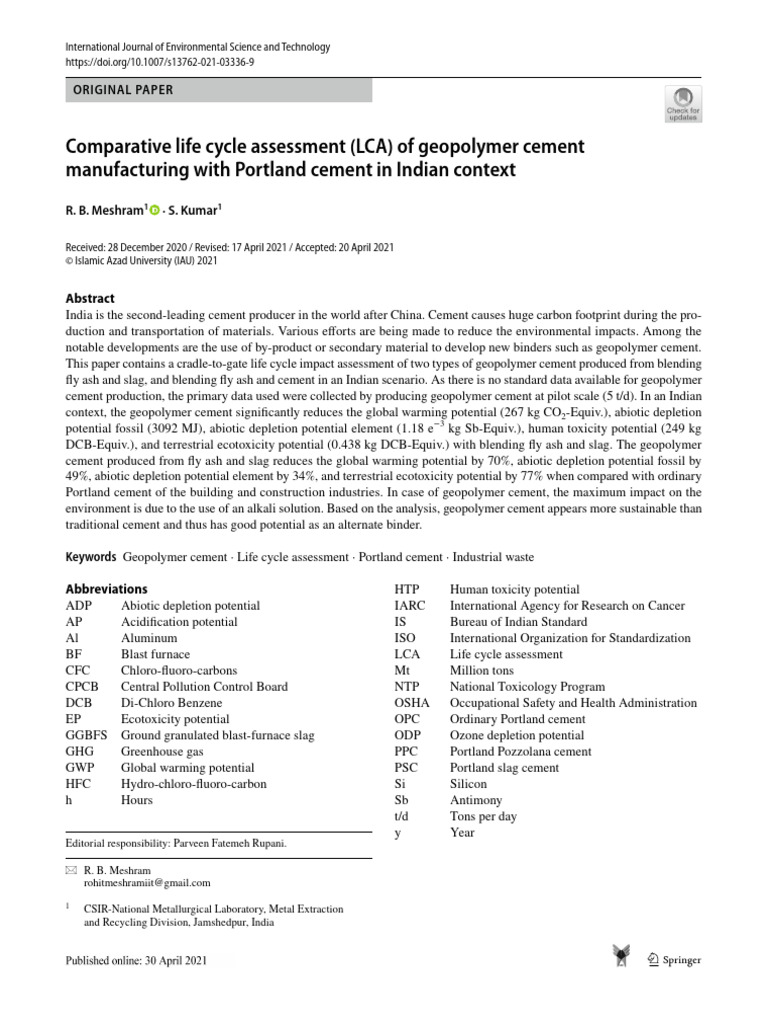 Comparative Life Cycle Assessment (LCA) of Geopolymer Cement | PDF