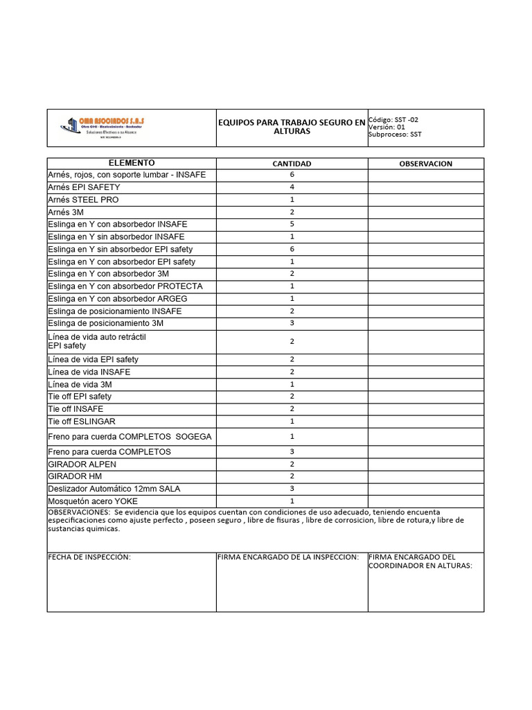 Formato Inventario Equipos para Trabajo Seguro en Alturas | PDF