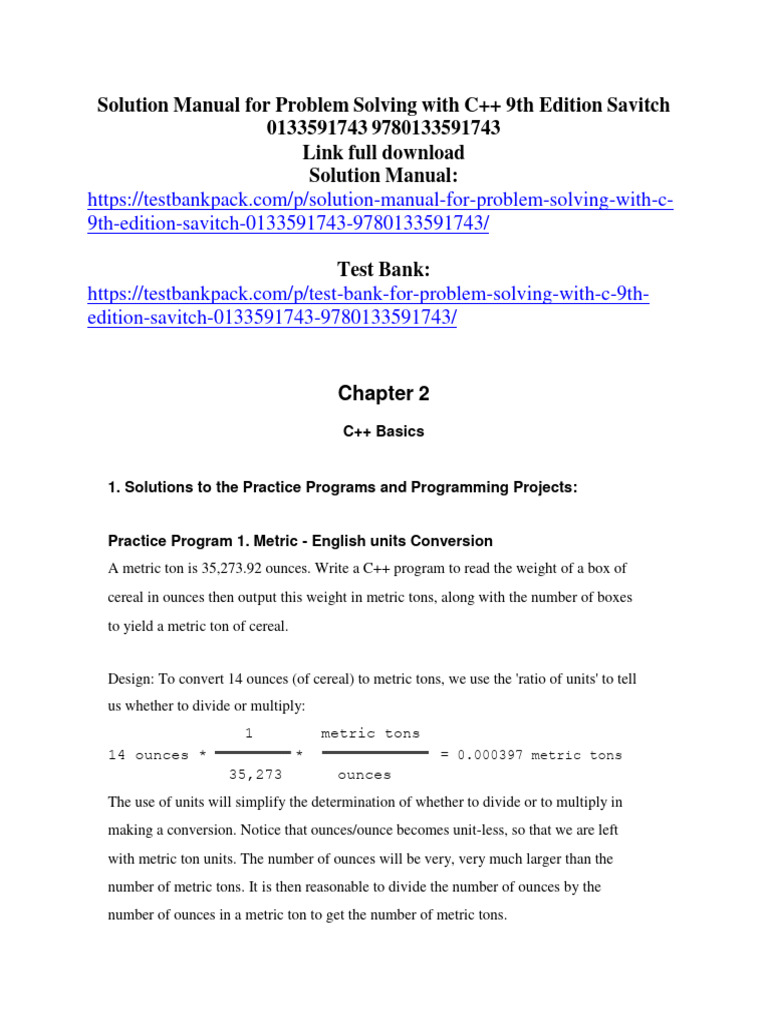 Solution Manual For Problem Solving With C 9th Edition Savitch ...