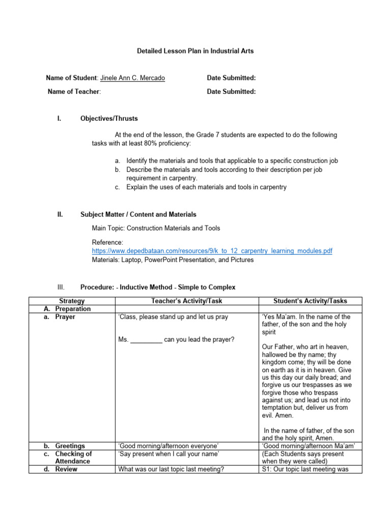 Detailed Lesson Plan in Industrial Arts | PDF