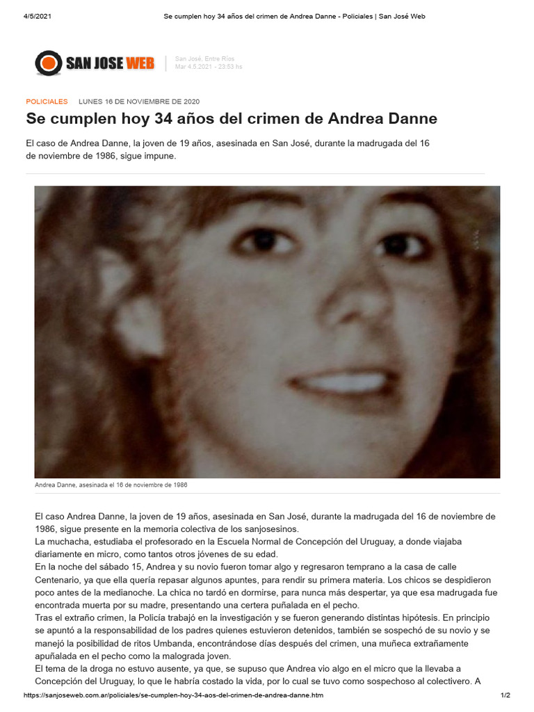 Se Cumplen Hoy 34 Años Del Crimen de Andrea Danne - Policiales - San José Web | PDF