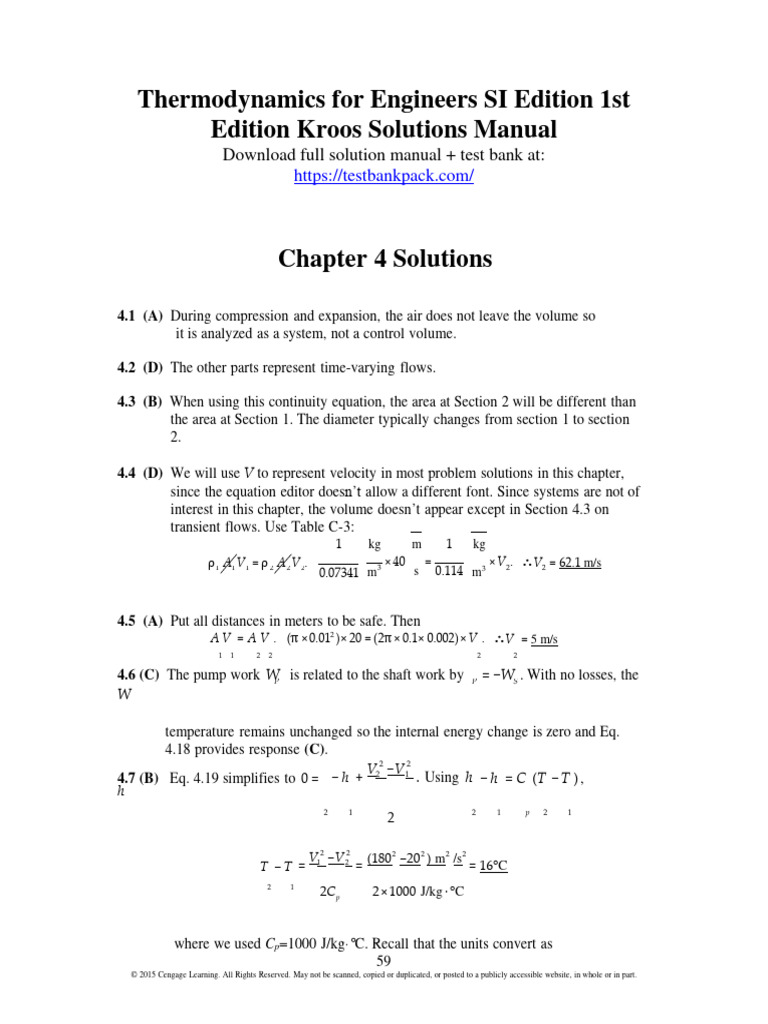 Thermodynamics For Engineers SI Edition 1st Edition Kroos Solutions Manual 1 | PDF