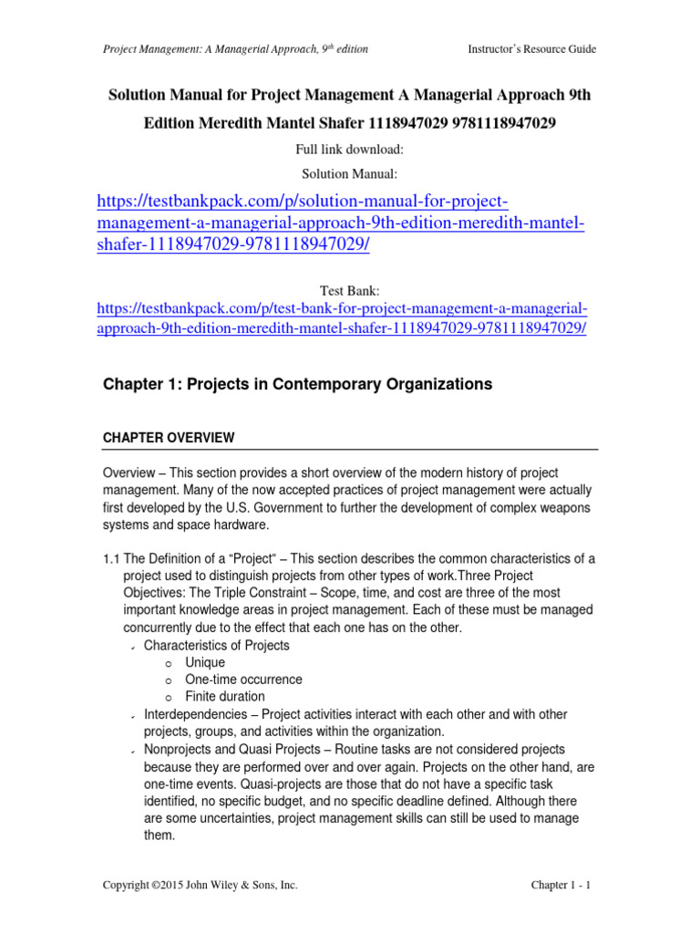 Solution Manual For Project Management A Managerial Approach 9th Edition Meredith Mantel Shafer ...