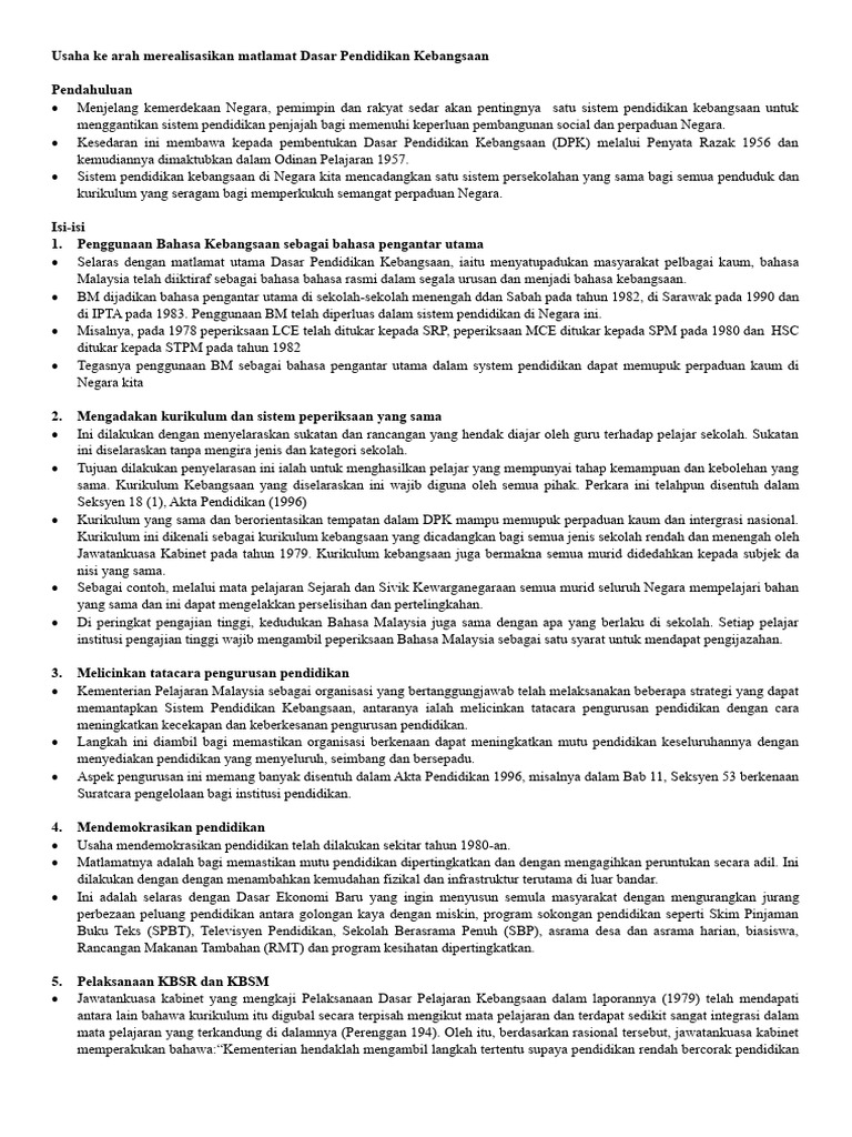 Usaha Merealisasikan Dasar Pendidikan Kebangsaan | PDF