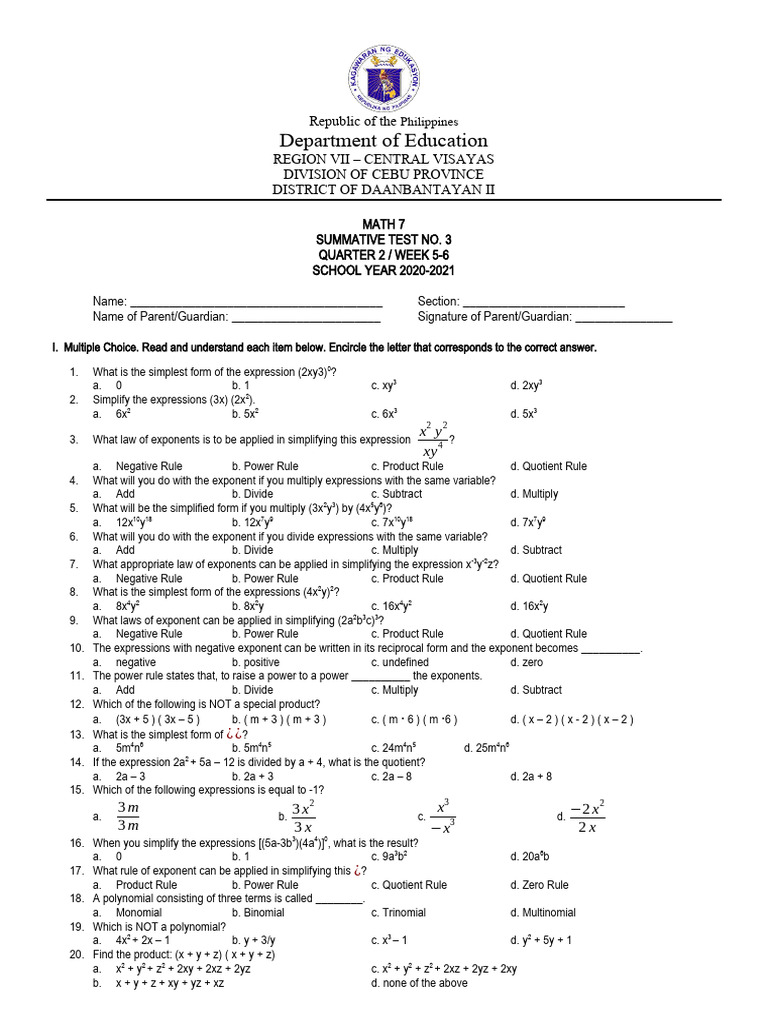 FINAL MATH 7 SECOND UNIFIED SUMMATIVE TEST (Weeks 5 & 6) | PDF