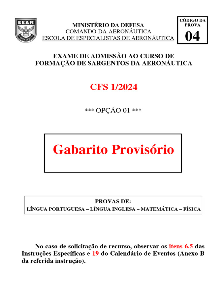 2023 Eear 1 Concurso Port Ing Mat Fis Gabarito | PDF