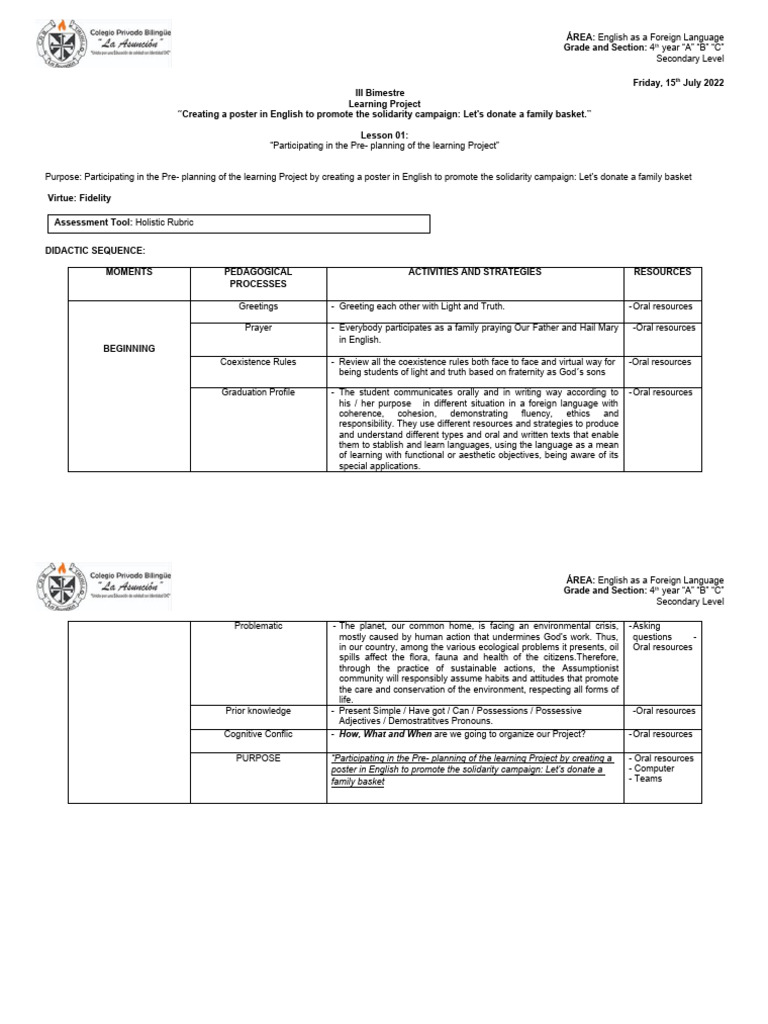PLANNING 4th Grade - Completed | PDF