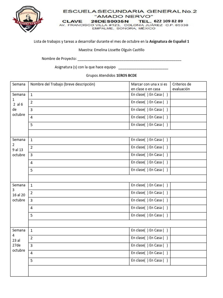 Lista de trabajos y tareas a desarrollar durante el mes de octubre en la Asignatura de Español 1 ...