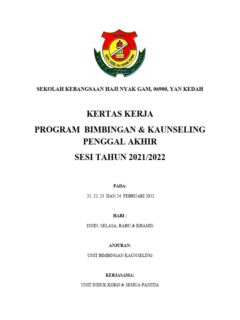 Kertas Kerja Program Bimbingan Dan Kaunseling Sesi 2021 2022 | PDF