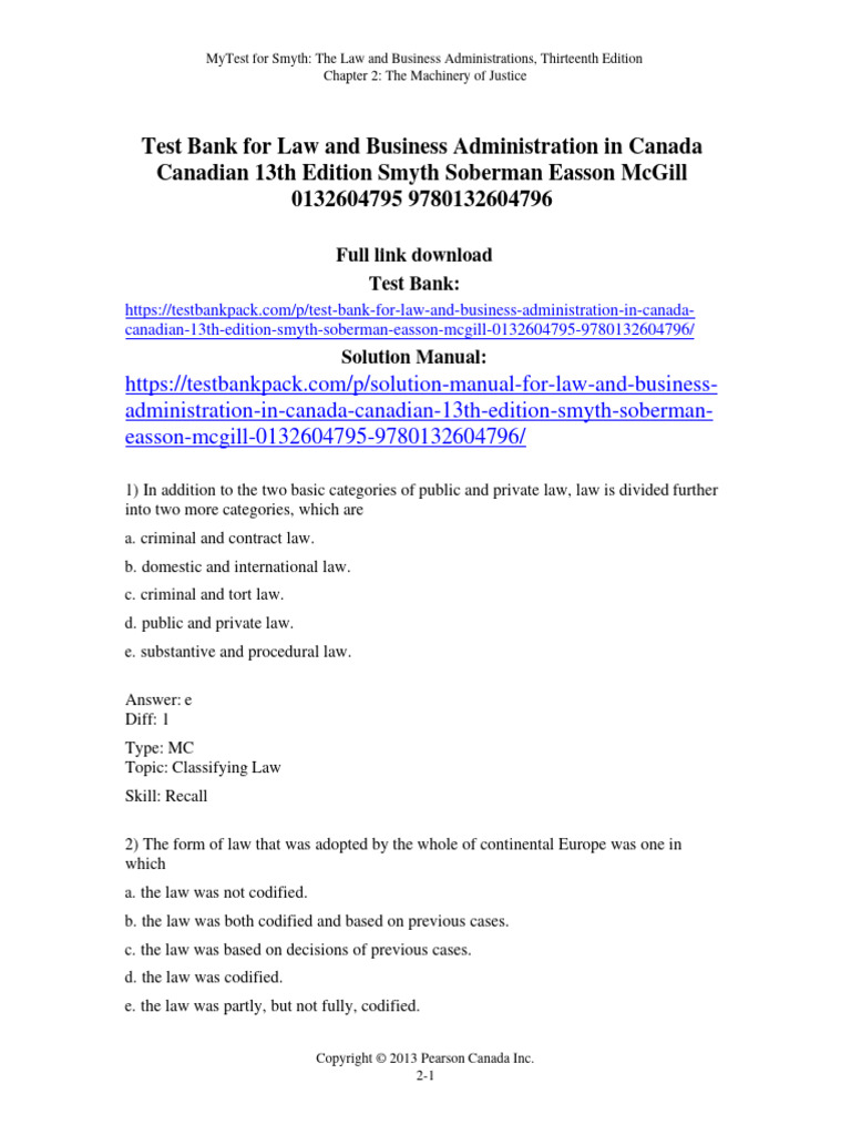 Test Bank For Law and Business Administration in Canada Canadian 13th ...