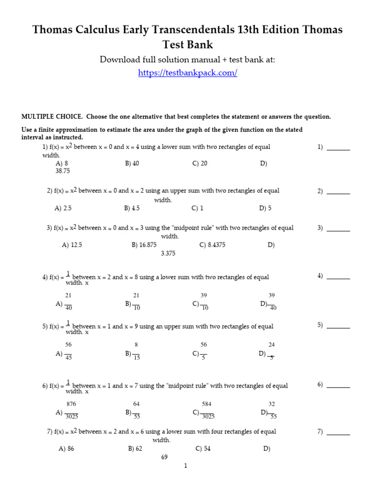 Thomas Calculus Early Transcendentals 13th Edition Thomas Test Bank 1 | PDF