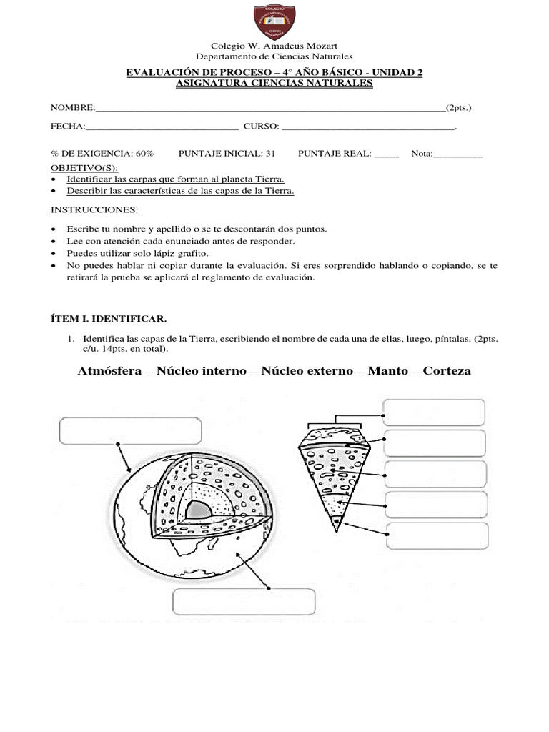 Evaluación Las Capas de La Tierra | PDF | Métodos y materiales de enseñanza