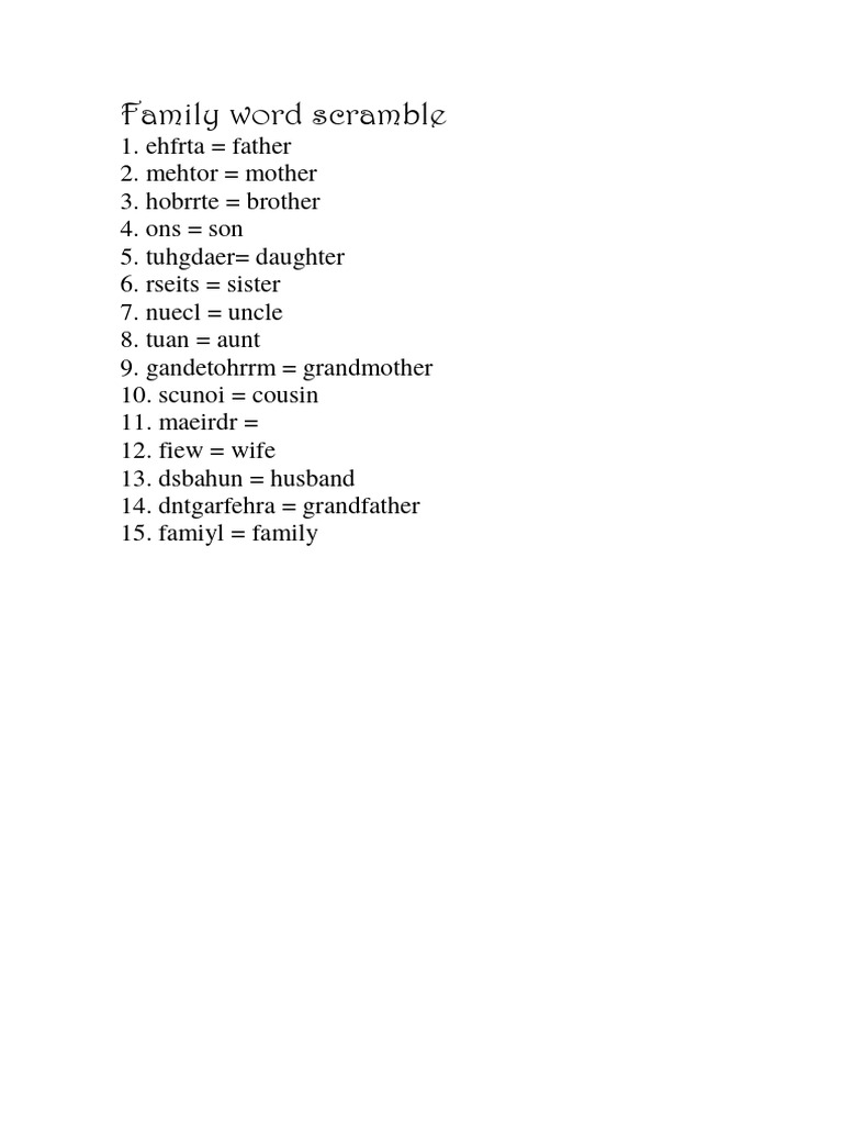Family Word Scrambleanswers | PDF | Cooking, Food & Wine | Home & Garden