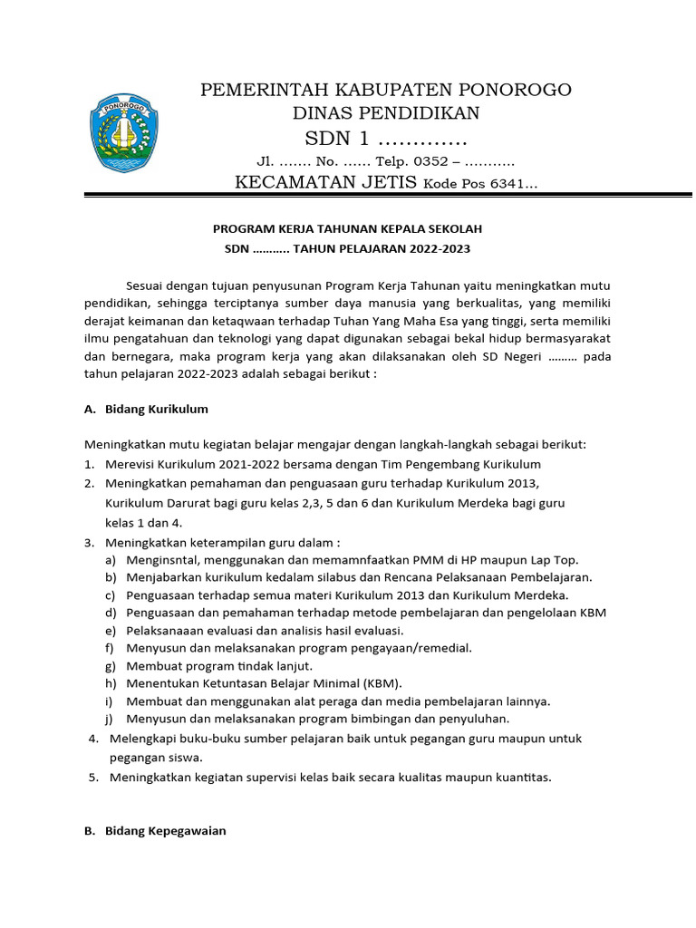 Program Kerja Tahunan Kepala Sekolah SD FF | PDF | Seni