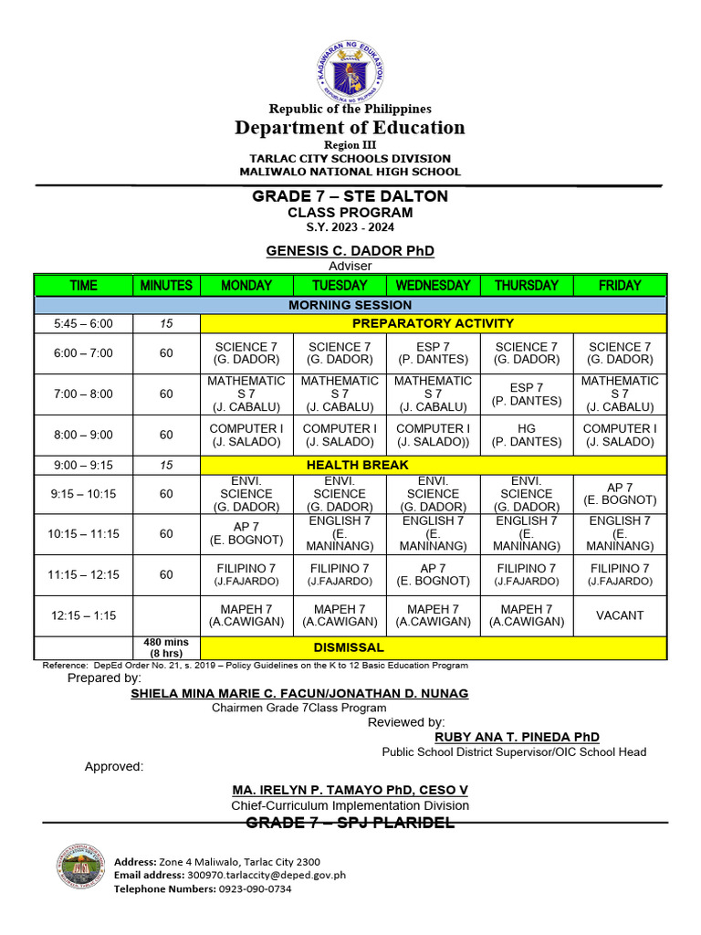 Grade 7 Revised Sched 23 24 | PDF | Asia | Southeast Asia