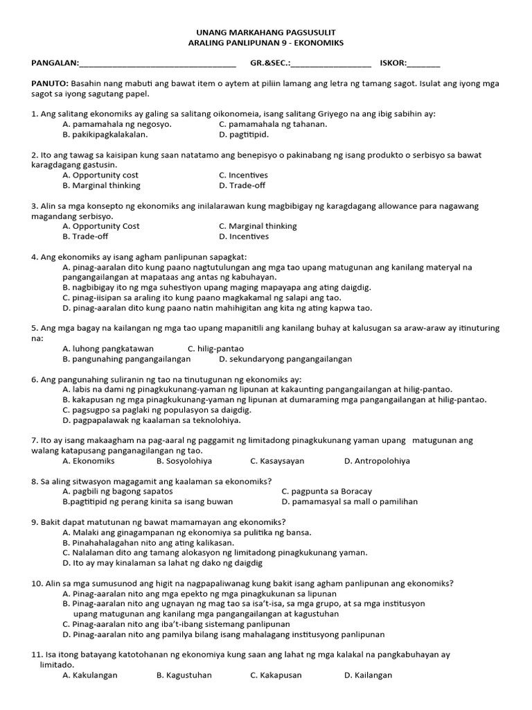 First Quarter Exam - Ap9 | PDF