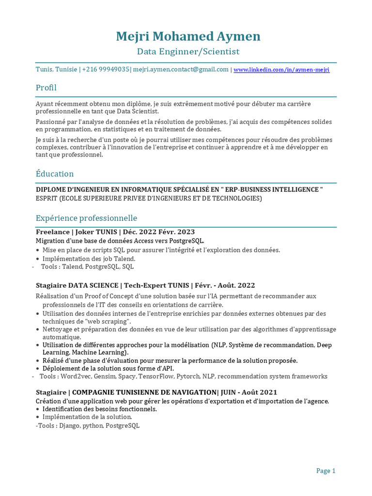 Curriculum Vitae Mejri Mohamed Aymen | PDF