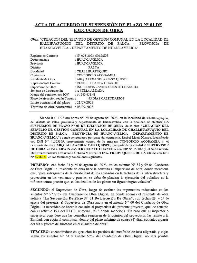 Acta de Acuerdo de Suspensión de Plazo N 01 | PDF