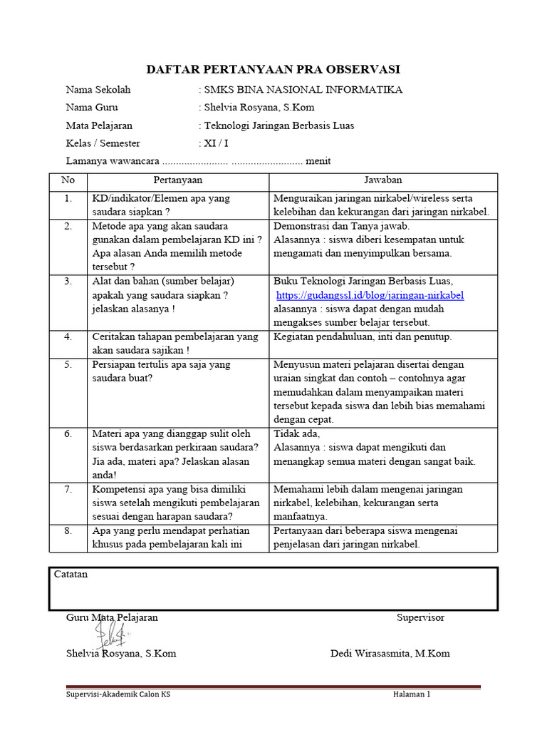 Daftar Pertanyaan Pra Dan Pasca Observasi Shelvia Rosyana | PDF | Karier & Perkembangan | Komputer