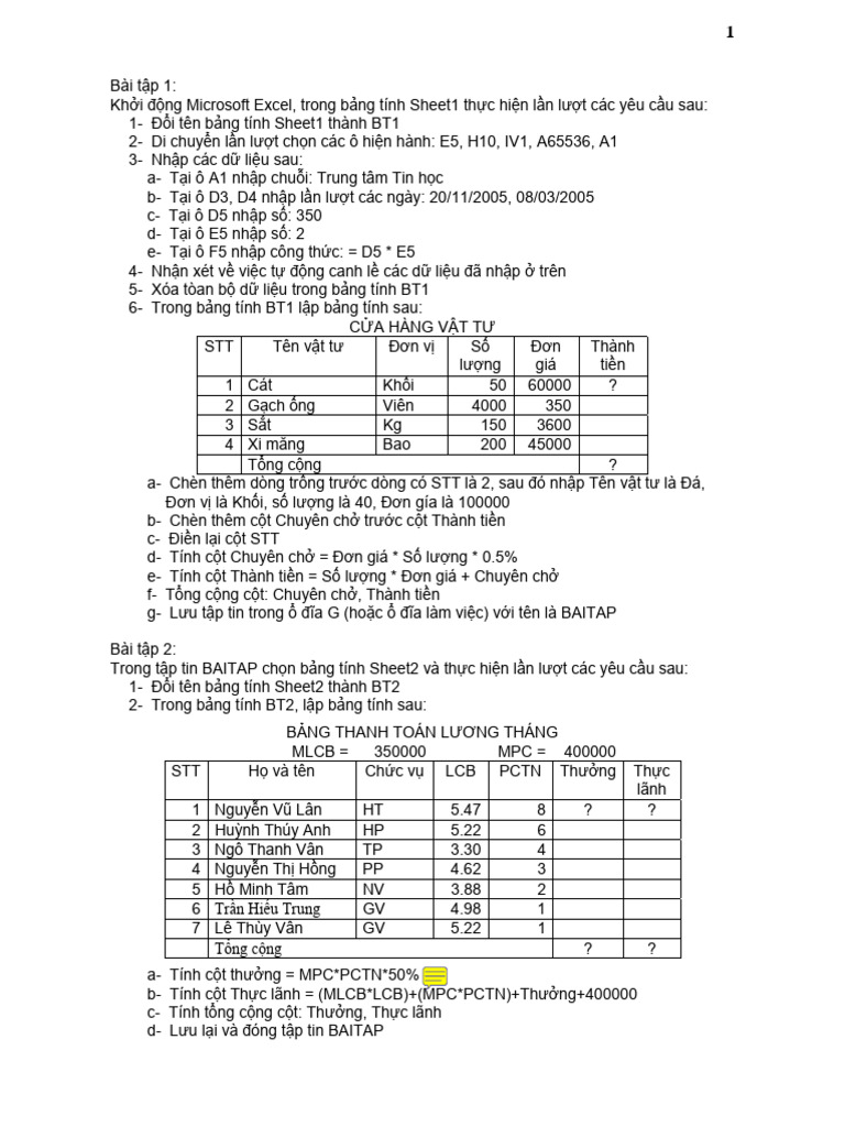 Bai Tap - Microsoft Excel | PDF Bai Tap - Microsoft Excel | PDF