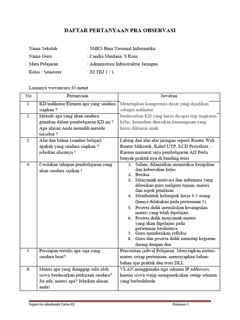 DAFTAR PERTANYAAN PRA DAN PASCA OBSERVASI Candra Maulana | PDF