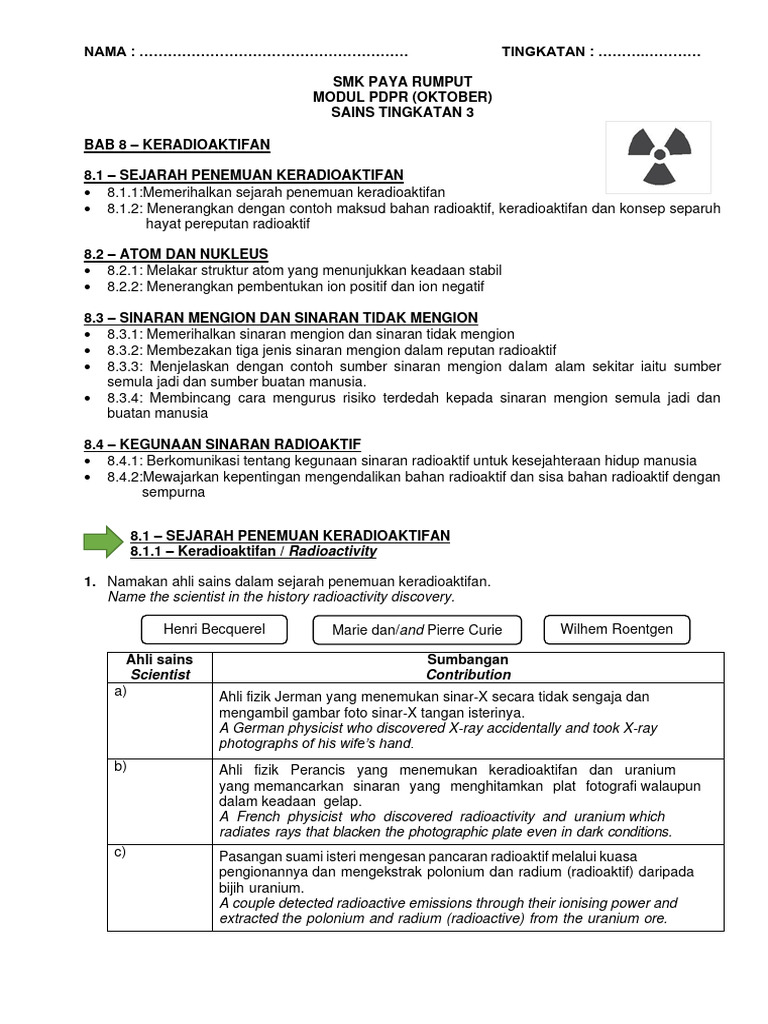 Modul Sains Tema 3 Bab 8 Keradioaktifan Tingkatan 3 Murid Pdf