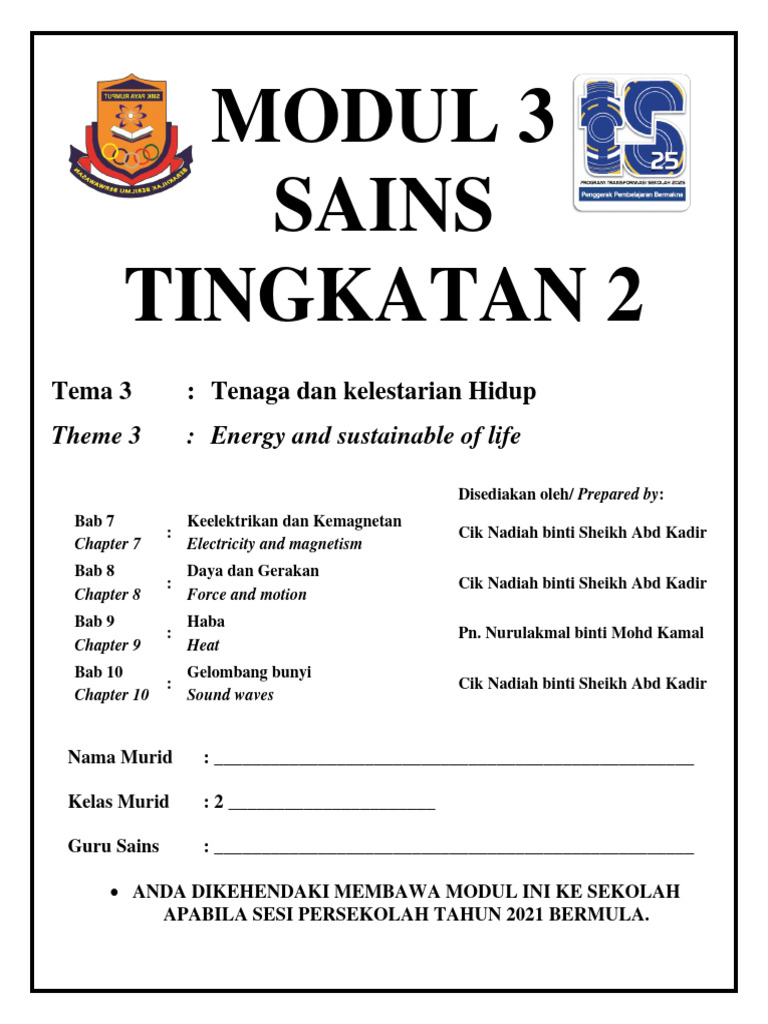 MODUL SAINS TEMA 3 Tingkatan 2 Bab 7 Bab 8 (Murid) | PDF