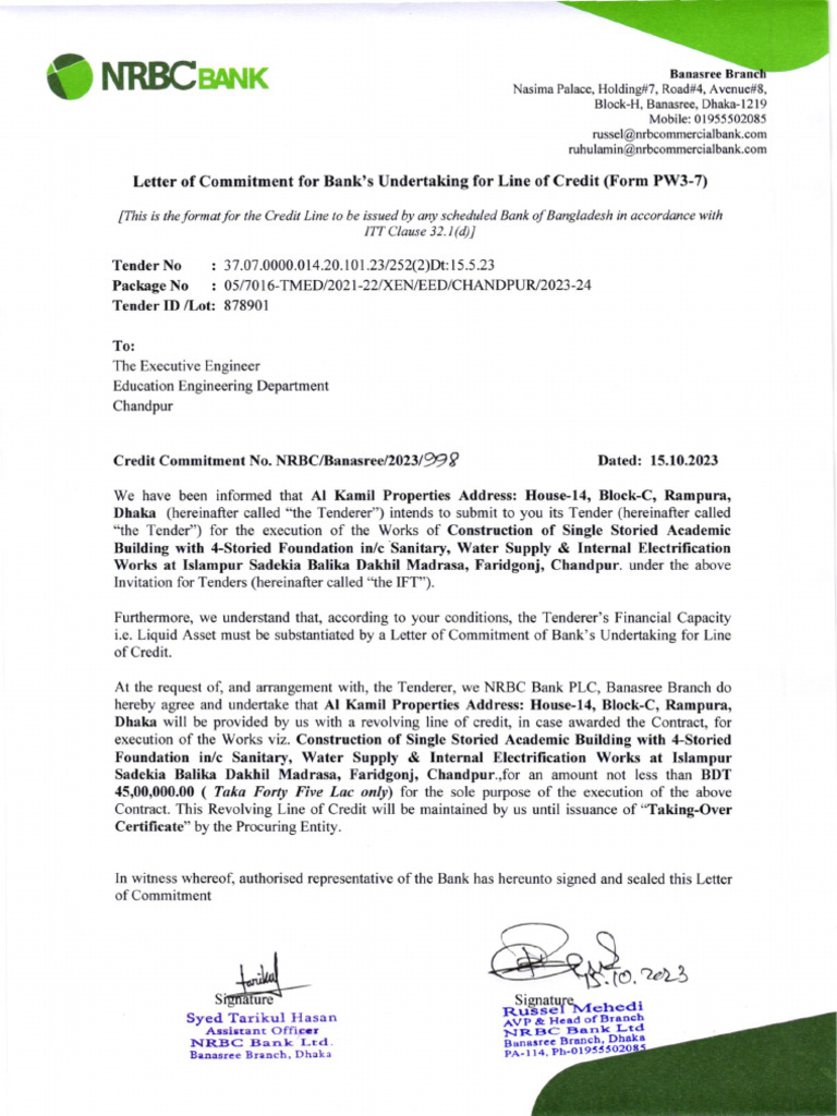 Bank Commitment Letter for Credit Line | PDF